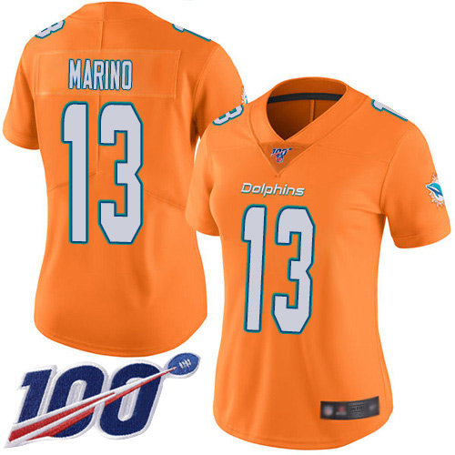 Nike Dolphins #13 Dan Marino Orange Women's Stitched NFL Limited Rush ...