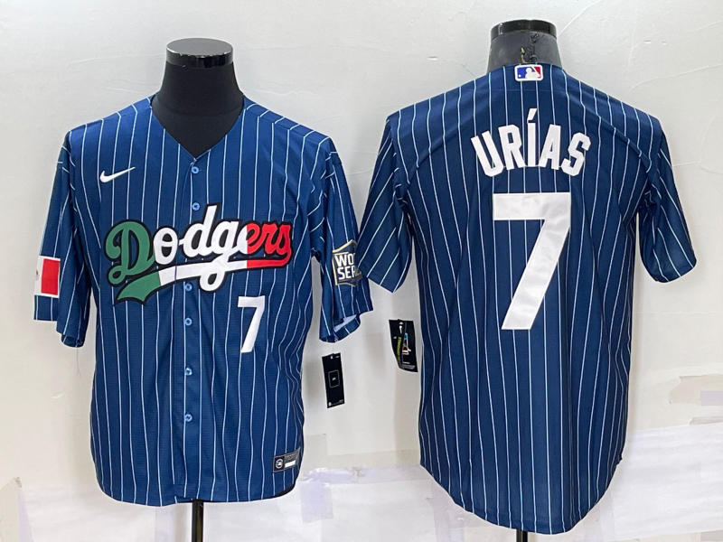 Men's Los Angeles Dodgers #7 Julio Urias Number Navy Blue Pinstripe ...