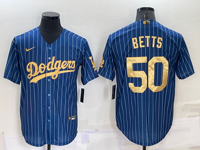 Men's Los Angeles Dodgers #50 Mookie Betts Navy Blue Gold Pinstripe ...