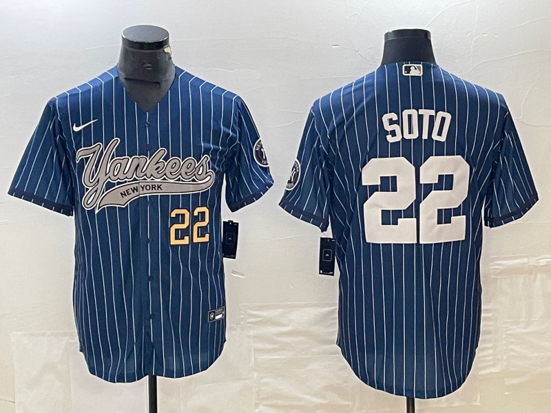 Men's New York Yankees #22 Juan Soto Number Blue Pinstripe Cool Base ...