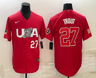 Men's USA Baseball #27 Mike Trout Number 2023 Red World Classic ...