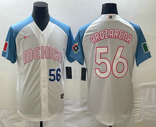 Men's Mexico Baseball #56 Randy Arozarena Number 2023 White Blue World ...