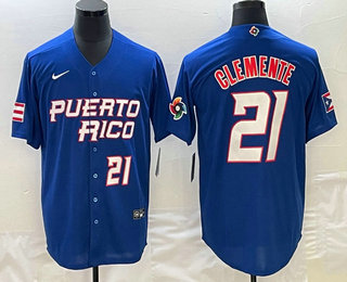 Men's Puerto Rico Baseball #21 Roberto Clemente Number 2023 Blue World ...