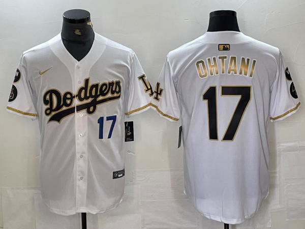 Mens Los Angeles Dodgers #17 Shohei Ohtani Number White Gold Fashion ...