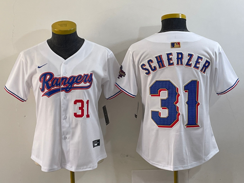 Women's Texas Rangers #31 Max Scherzer Number White 2024 Gold ...