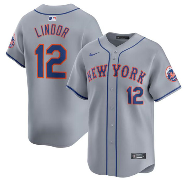 Men's New York Mets #12 Francisco Lindor 2024 Gray Away Limited Stitched Baseball Jersey on sale ...