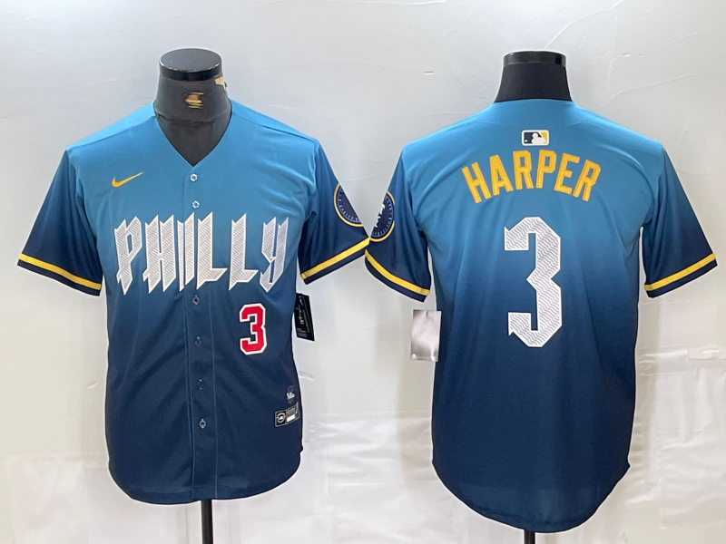 Mens Philadelphia Phillies #3 Bryce Harper Number Blue 2024 City ...