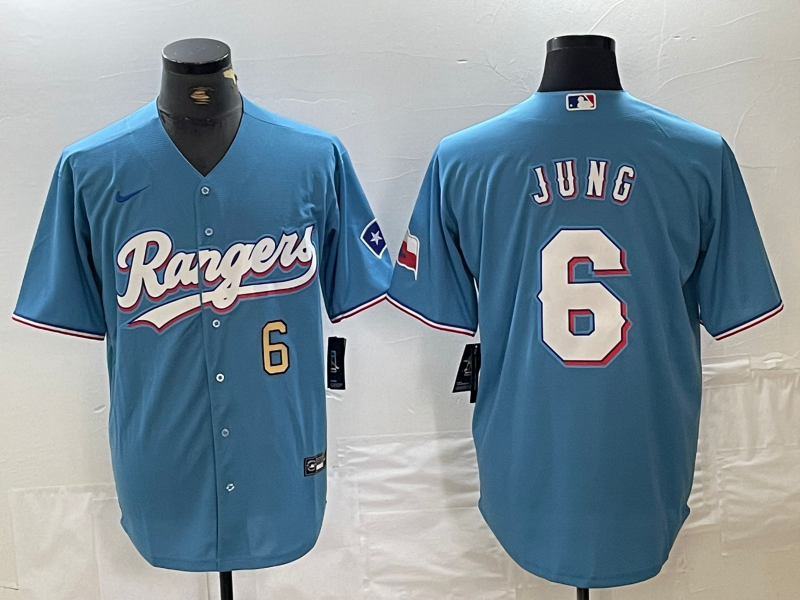 Men's Texas Rangers #6 Josh Jung Number Light Blue Team Logo Cool Base ...