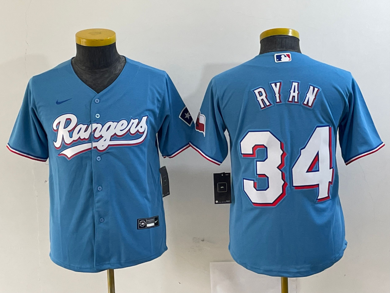 Youth Texas Rangers #34 Nolan Ryan Light Blue Team Logo Cool Base ...