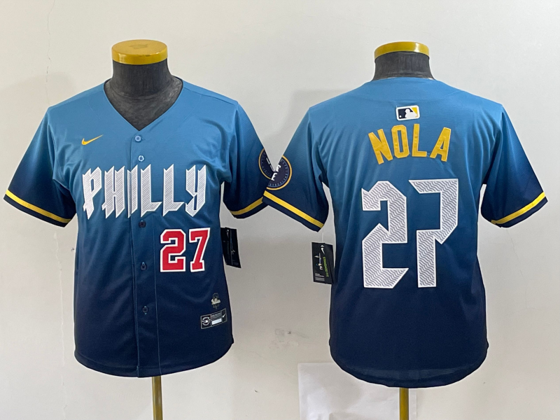 Youth Philadelphia Phillies #27 Aaron Nola Number Blue 2024 City ...