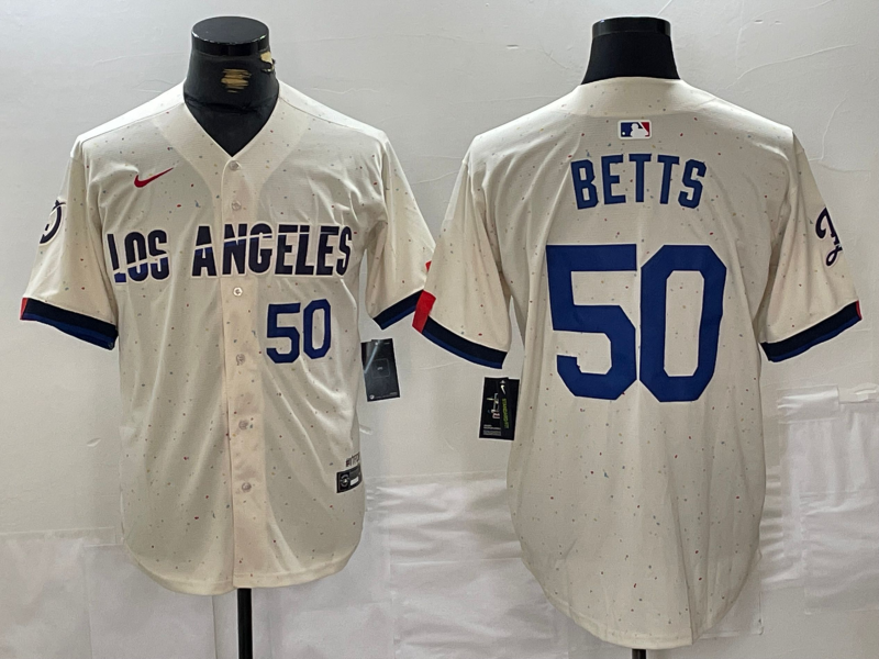 Men's Los Angeles Dodgers #50 Mookie Betts Number Cream 2024 City ...