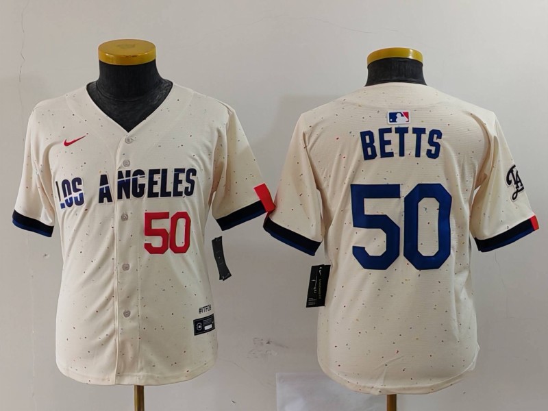 Youth Los Angeles Dodgers #50 Mookie Betts Number Cream 2024 City ...
